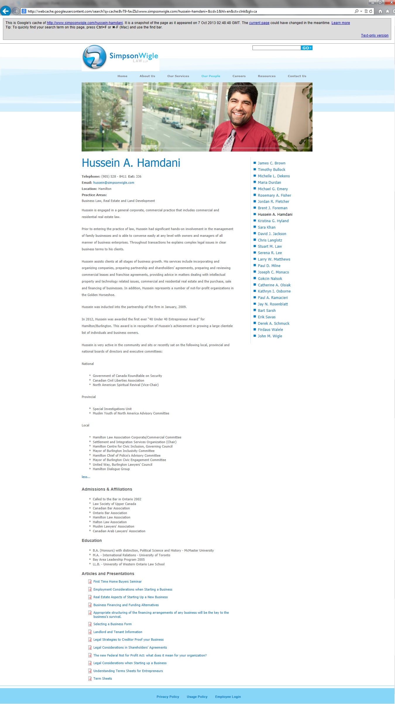 Profile of Hussein Hamdani’s posted on his law firm’s website - Point ...
